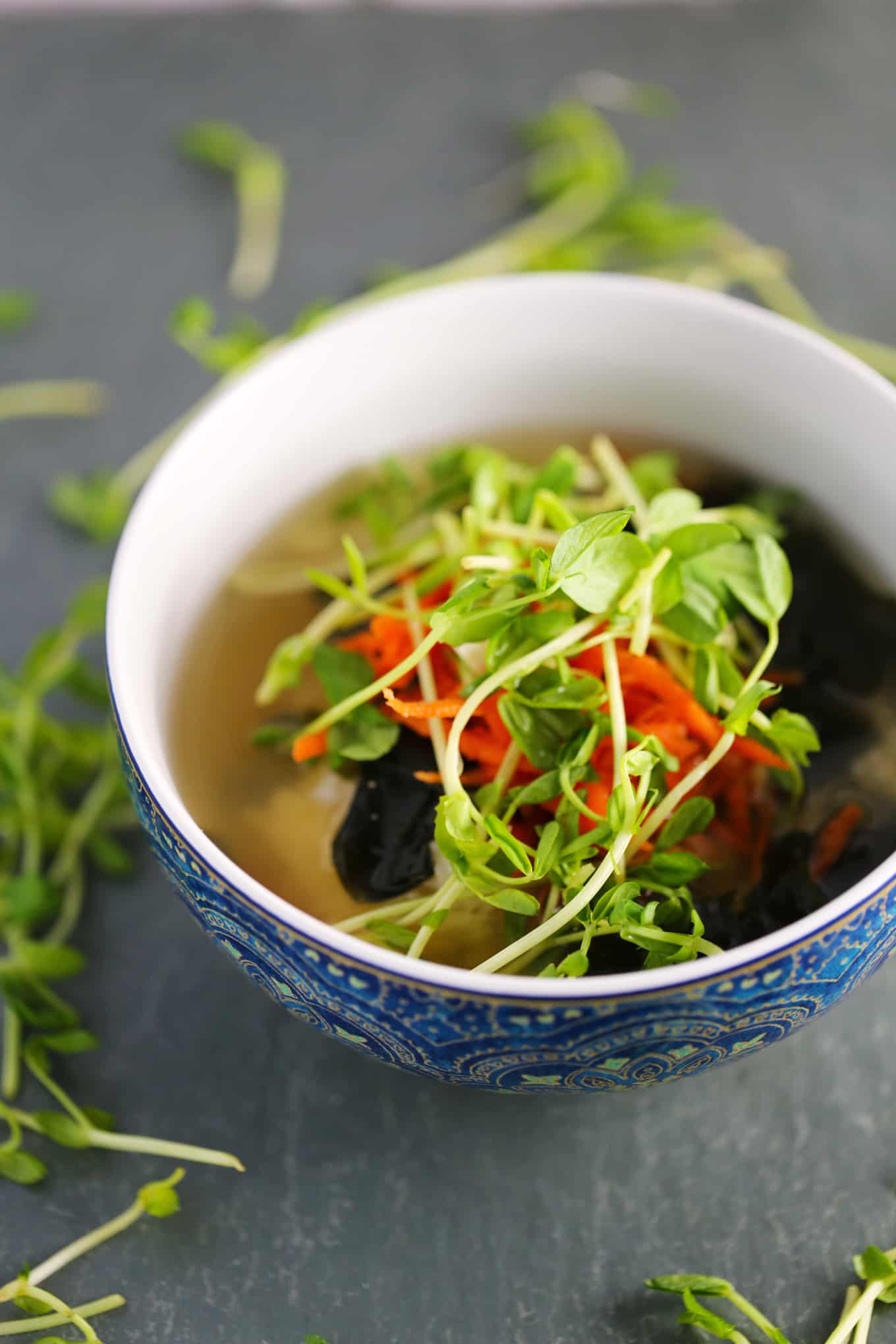 Vegan Miso Soup with Rice, Carrots, & Pea Shoots | One Bite Vegan